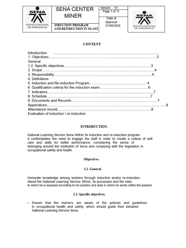 Induction Program for SENA Learners | PDF | Occupational Safety And ...