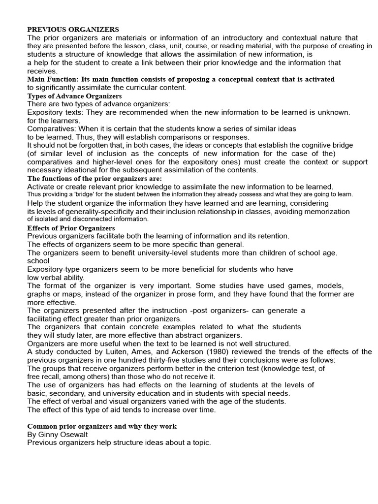 Understanding Prior Organizers in Education | PDF | Concept | Learning