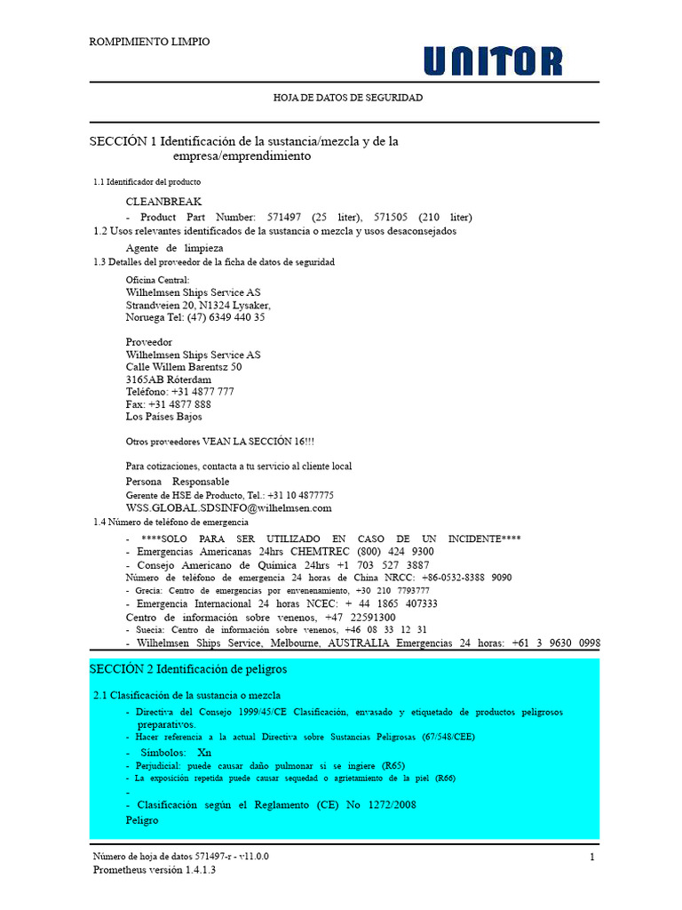 1 Unitor Cleanbreak MSDS | PDF | Residuos | Química