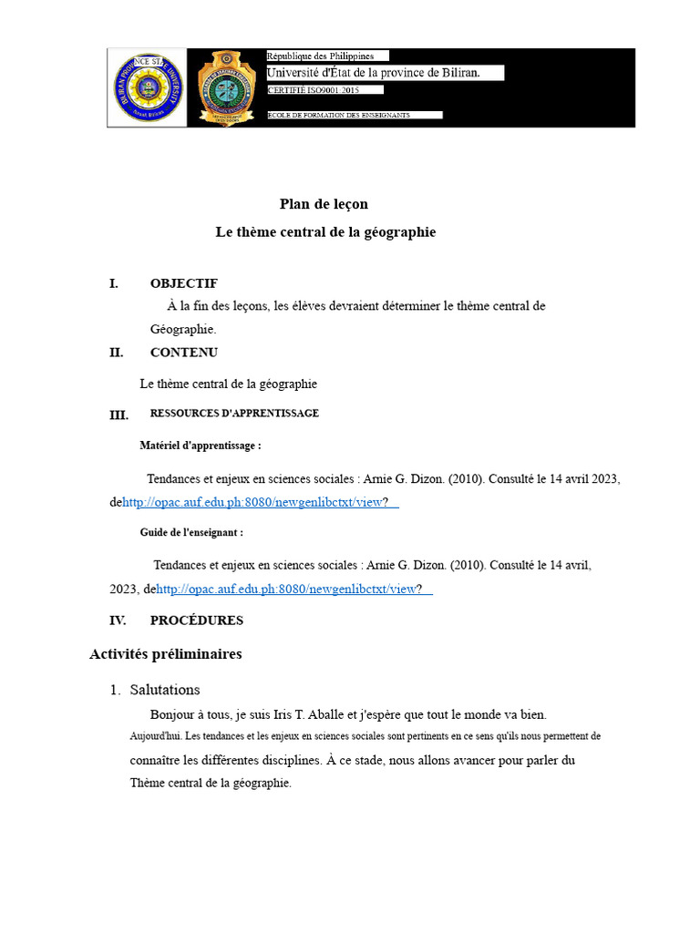Exemple de Plan de Leçon | PDF | Géographie | Environnement naturel