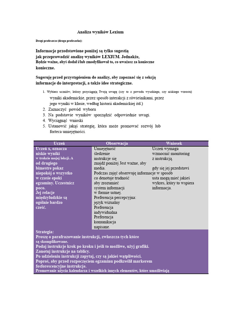 Przykład Analizy Wyników Lexium | PDF