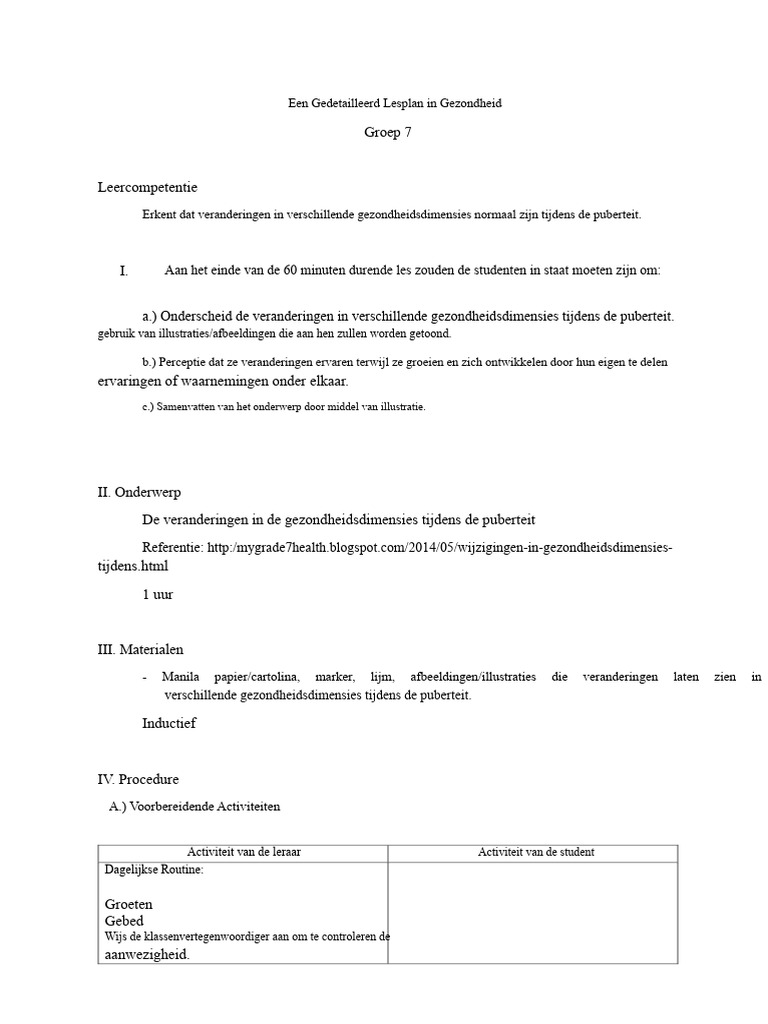 Een Gedetailleerd Lesplan in Gezondheid | PDF