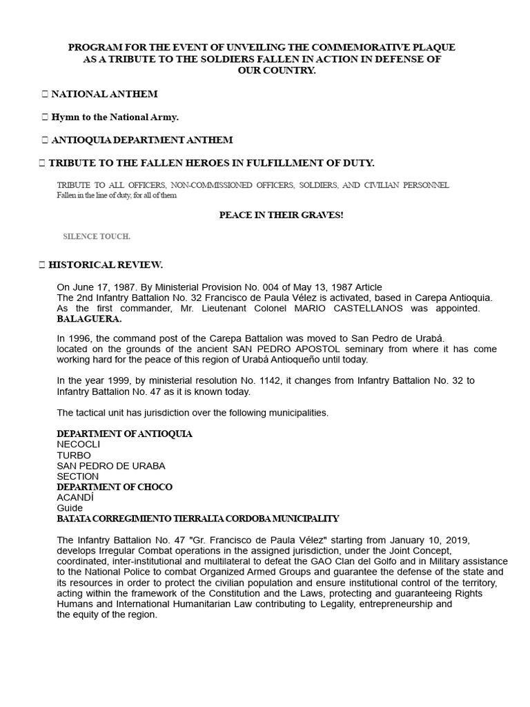 Program For The Unveiling of The Commemorative Plaque | PDF | Military