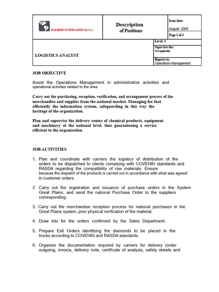 Logistics Analyst Job Description | PDF | Logistics | Supply Chain