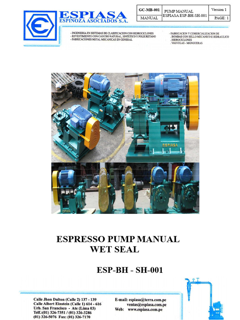 Espresso Pump Manual Wet Seal: ESP-BH - SH-001 | PDF | Pump | Bearing ...