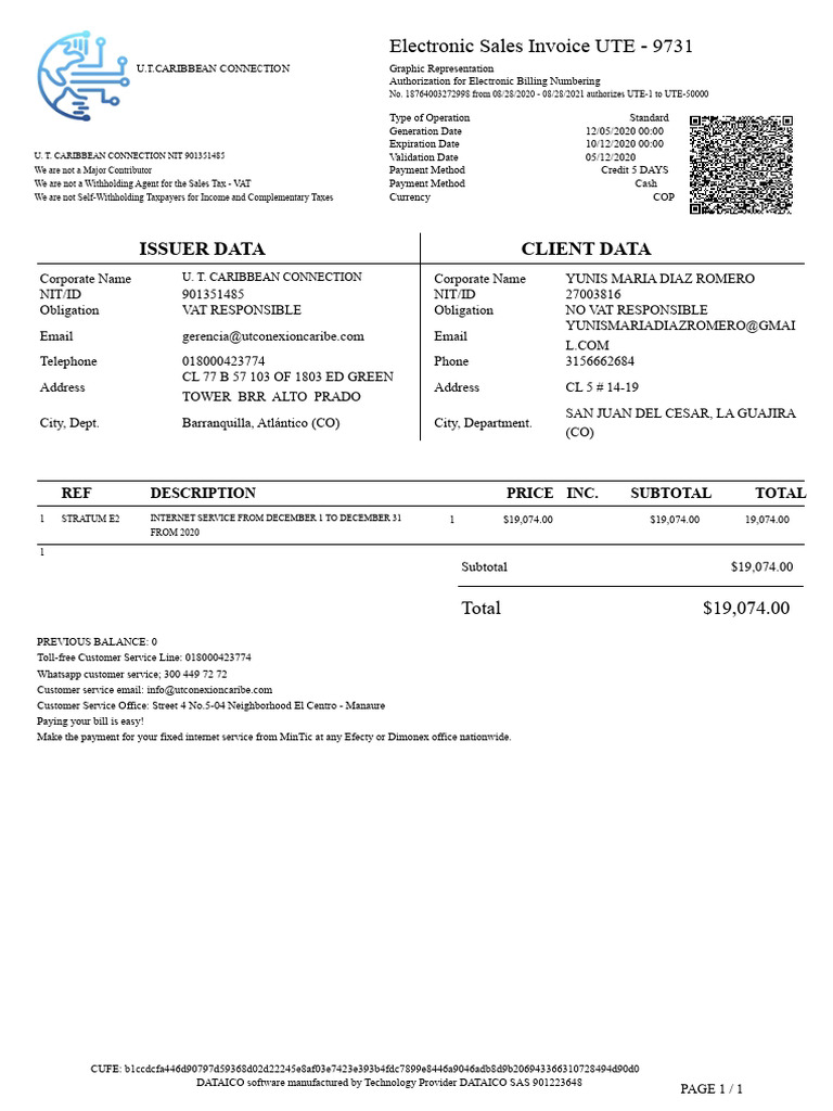 Electronic Sales Invoice UTE 9731 | PDF | Invoice | Payments