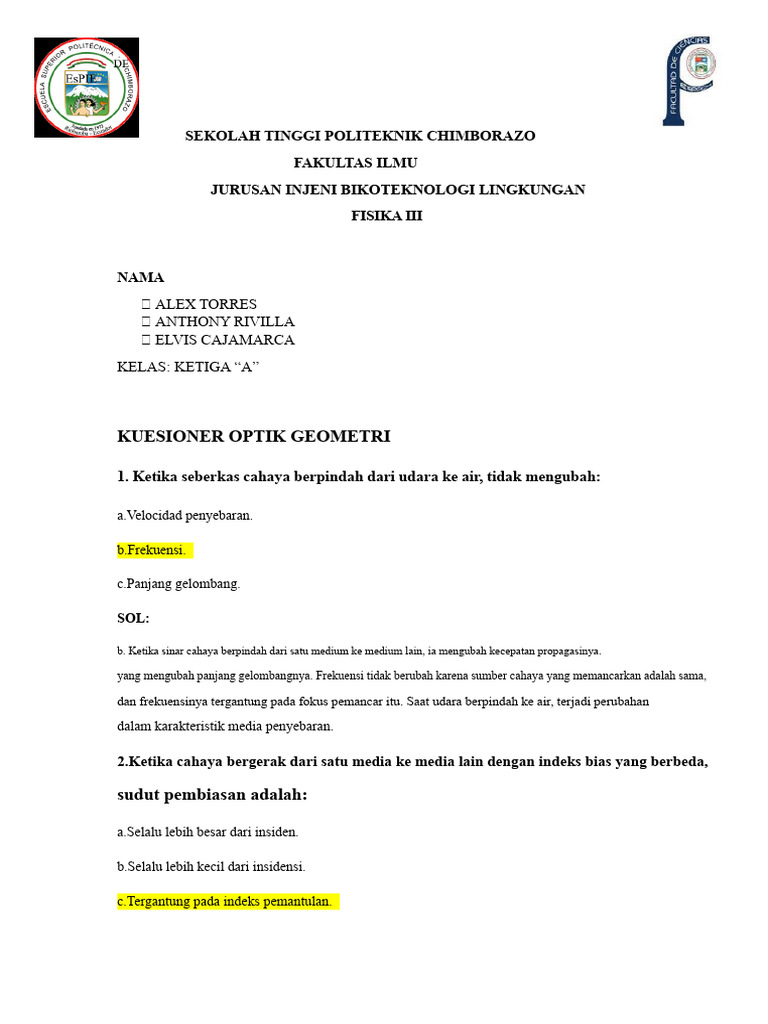 Kuesioner OPTIKA GEOMETRIK | PDF
