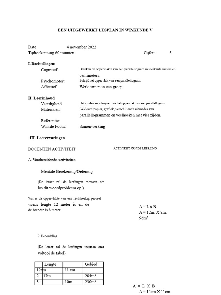 Een Gedetailleerd Lesplan in Wiskunde V | PDF