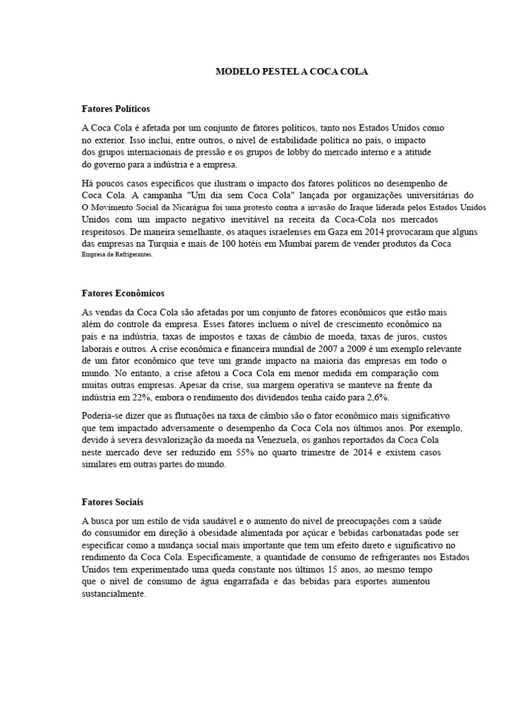 Análise PESTEL da Coca-Cola | PDF | Coca Cola | Economia