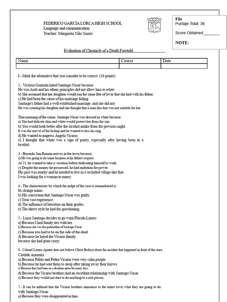 Test Chronicles of A Death Foretold | PDF