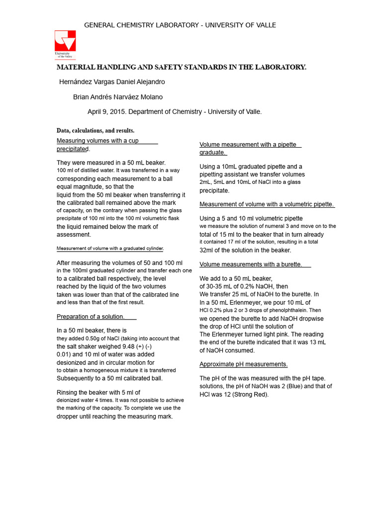 Report On Material Handling and Safety Standards in The Laboratory ...