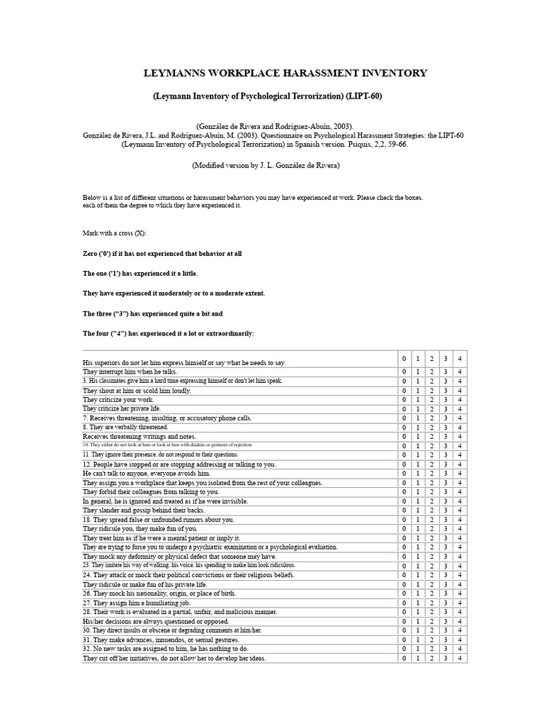 Leymann Inventory of Psychological Terror | PDF | Behavioural Sciences ...