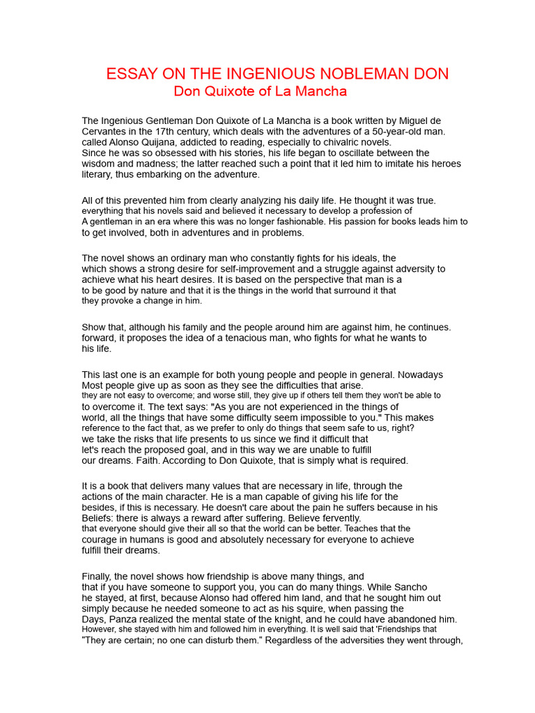 Essay On The Ingenious Nobleman Don Quixote de La Mancha | PDF | Don ...