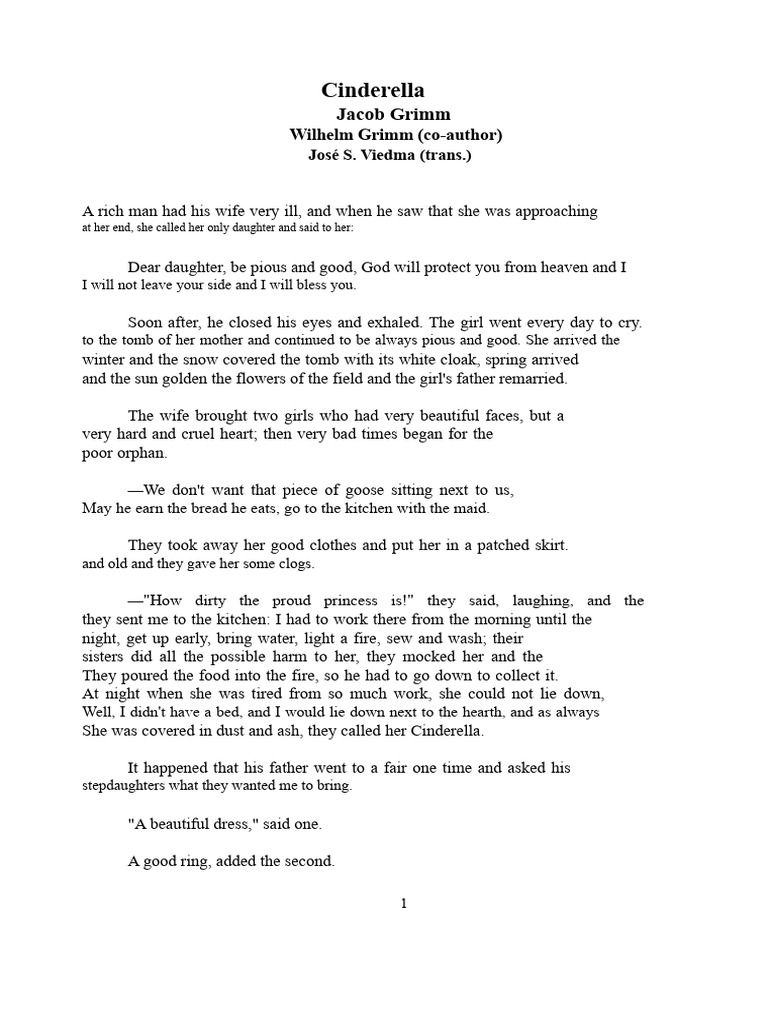 Cinderella. Jacob Grimm and Wilhelm Grimm | PDF | Cinderella | Fairy Tales