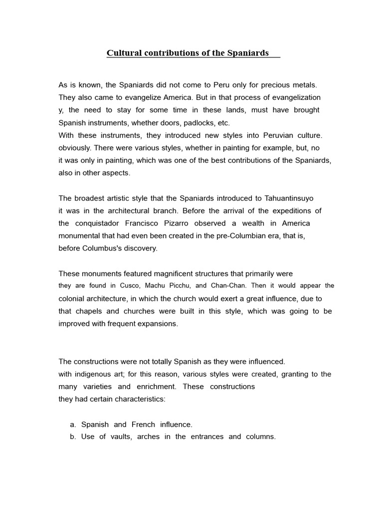 Cultural Contributions of The Spaniards | PDF | Peru | Baroque