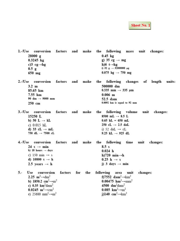 Unit Conversion Exercises and Solutions | PDF | Volume | Physical ...