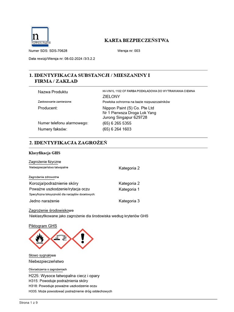 SDS - Nippon Paint HI-VINYL-1102-CF-PRIMER-DO-ETCHING-CIEMNO-ZIELONY | PDF