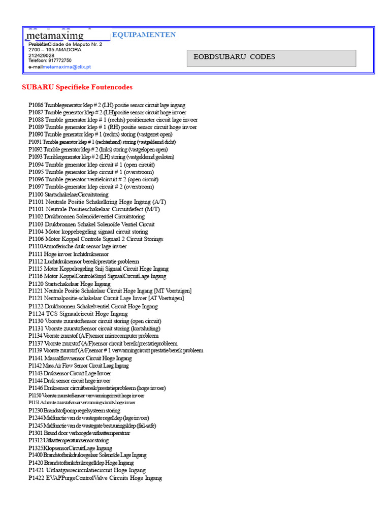 EOBD-codes SUBARU | PDF