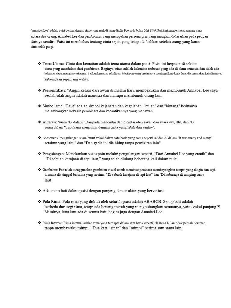 Kritik Sastra Formalis Atau Objektif Terhadap Annabel Lee Oleh Edgar Allan Poe | PDF