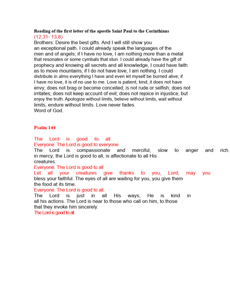 Reading of The First Letter of The Apostle Saint Paul To The ...