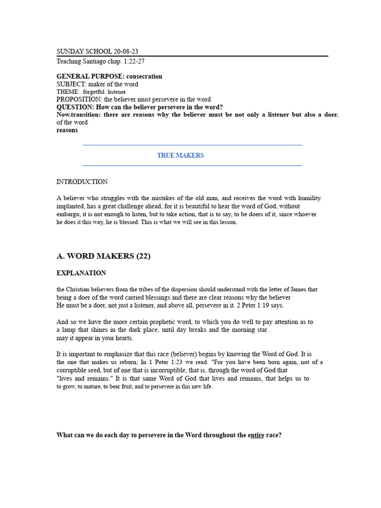 Persevering in the Word: Doers Not Hearers | PDF | Jesus | Gospel Of ...