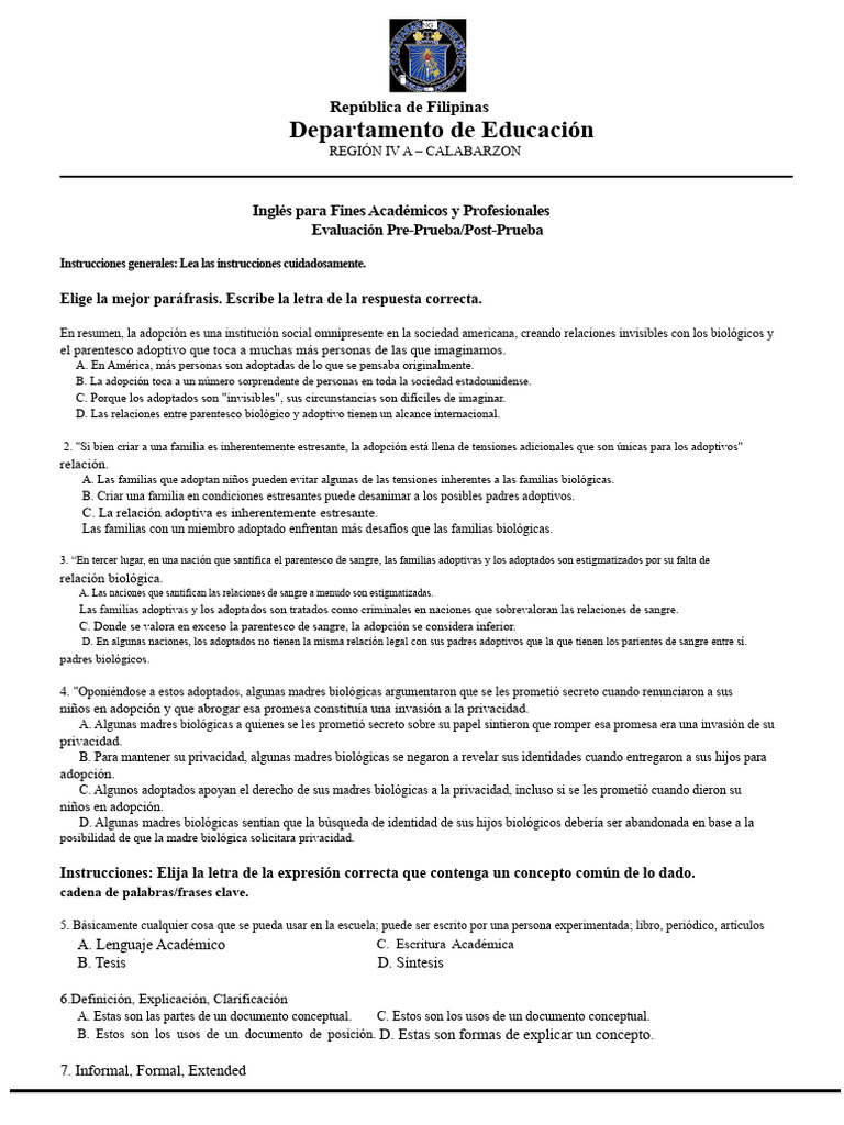Evaluación de Escritura Académica en Filipinas | PDF | Adopción ...