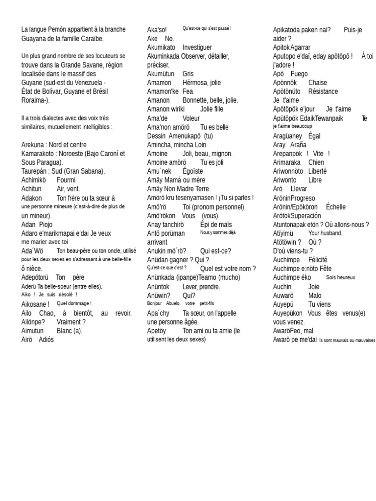 Vocabulaire de la langue Pemón | PDF