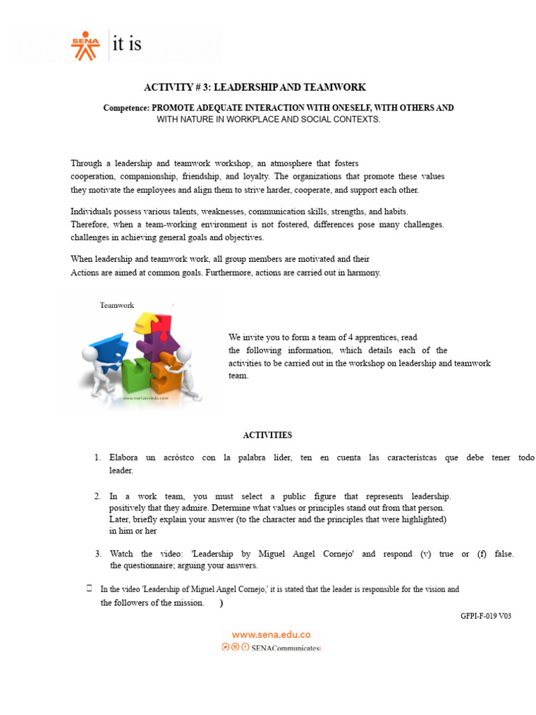 Leadership and Teamwork Workshop Activities | PDF | Leadership ...