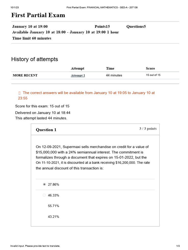 First Partial Exam - FINANCIAL MATHEMATICS - SED-A - 207138 | PDF | Interest | Present Value