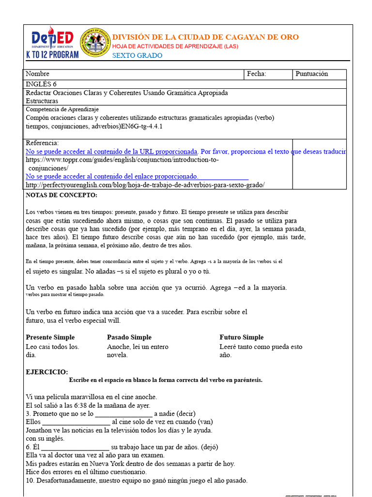 Q3 Español 6 Las 1 Act 1 6 | PDF | Oración (Lingüística) | Verbo