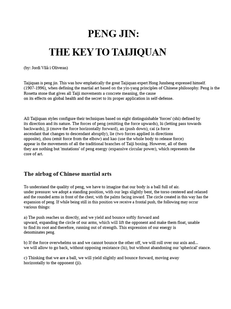 PENG JIN The Key To Tai Chi Chuan | PDF | Tai Chi