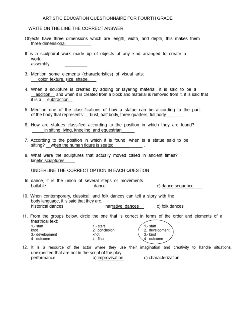 Art Education Questionnaire (Fourth Grade) | PDF | String Instruments ...