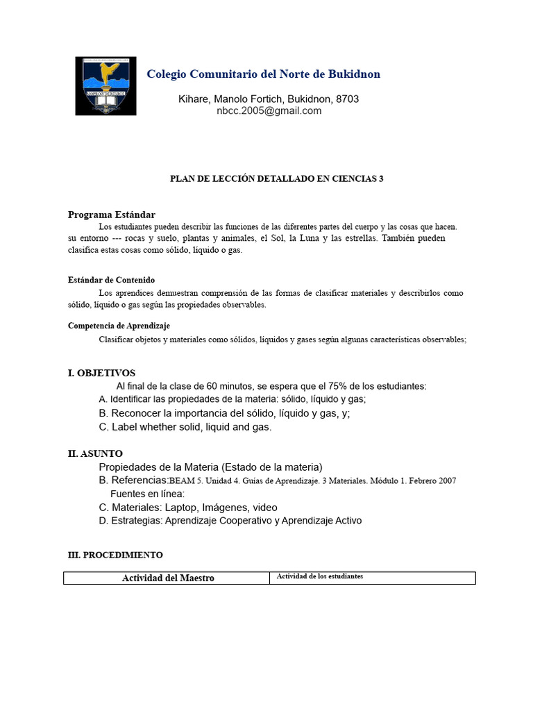PLAN DE LECCIÓN DETALLADO EN CIENCIAS 3 Sangot | PDF | Importar | Gases
