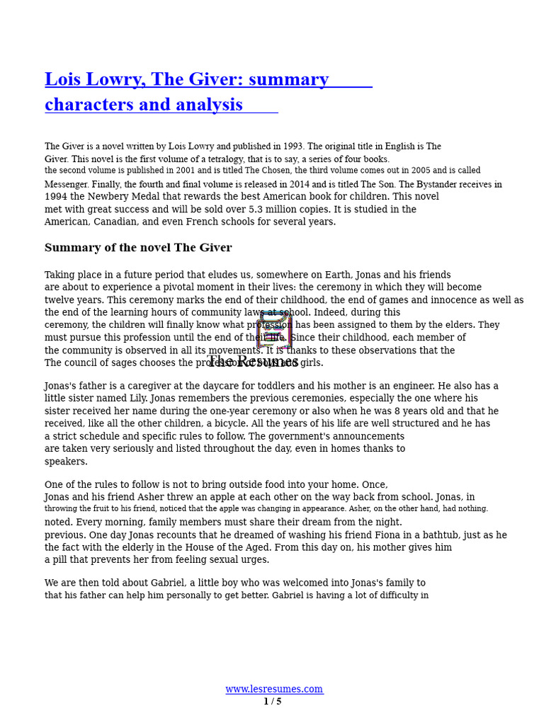 Lois Lowry's "The Giver" Summary, Characters, and Analysis | PDF | The ...