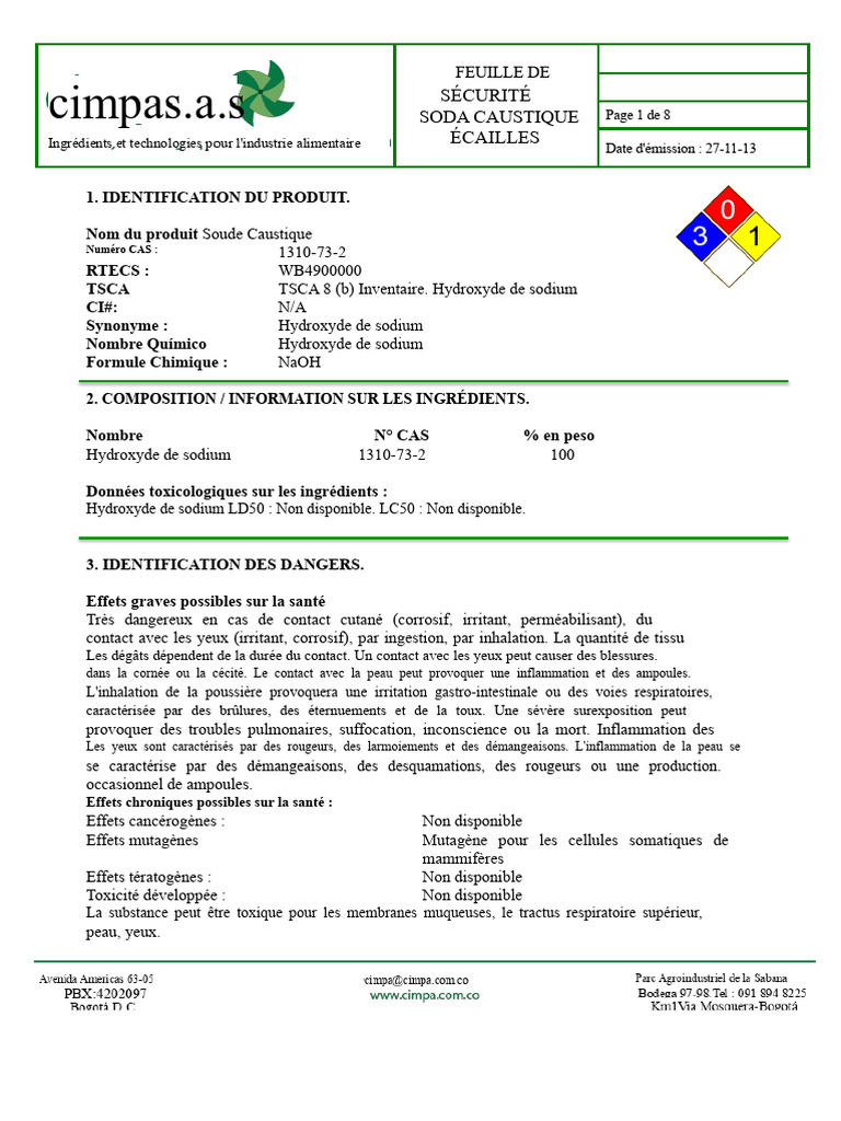 Fiche de sécurité : Soude caustique NaOH | PDF | Hydroxyde de sodium ...