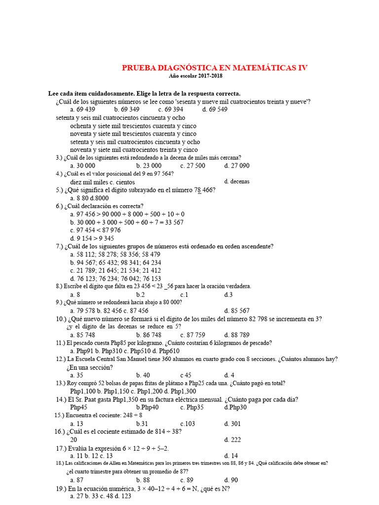 Prueba Diagnóstica en Matemáticas IV | PDF
