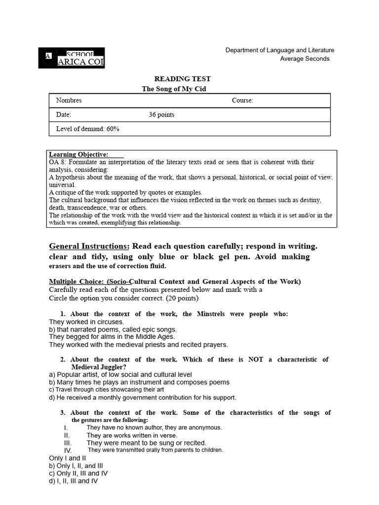 Reading Test: The Song of My Cid | PDF