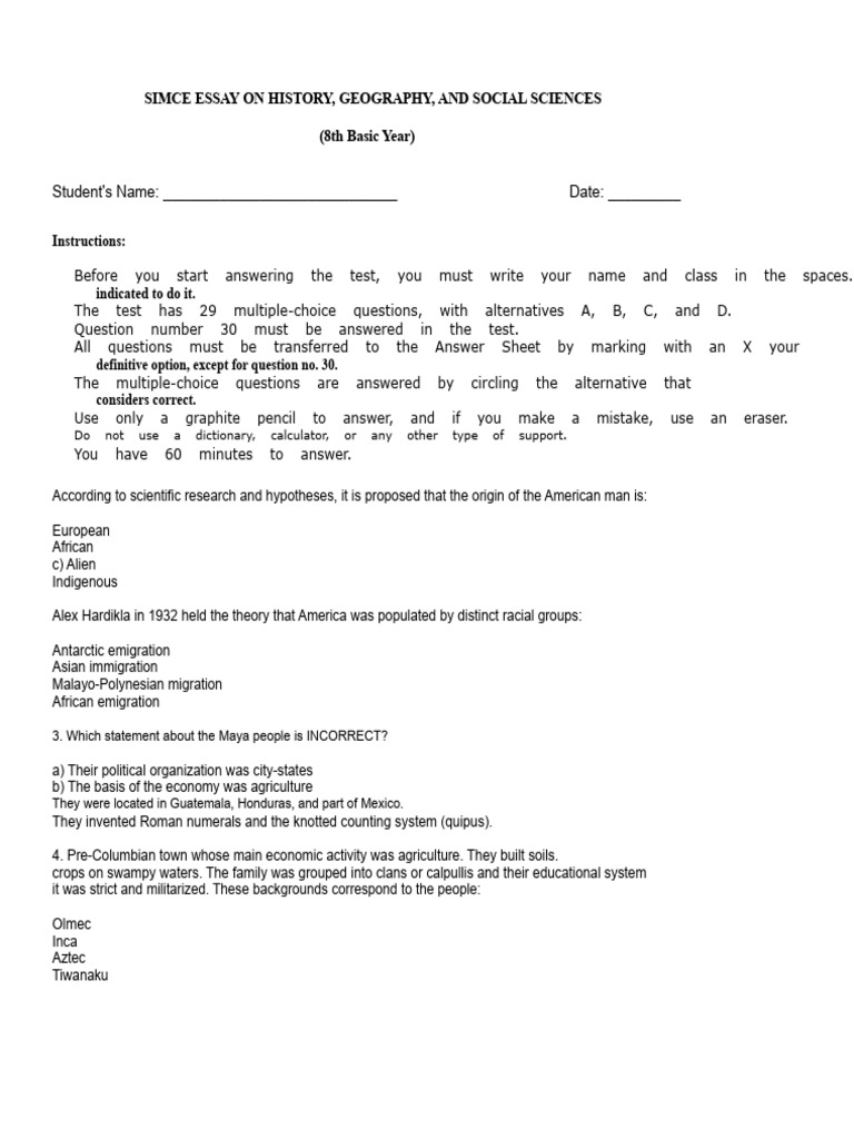 SIMCE History Essay Eighth Grade | PDF | Multiple Choice