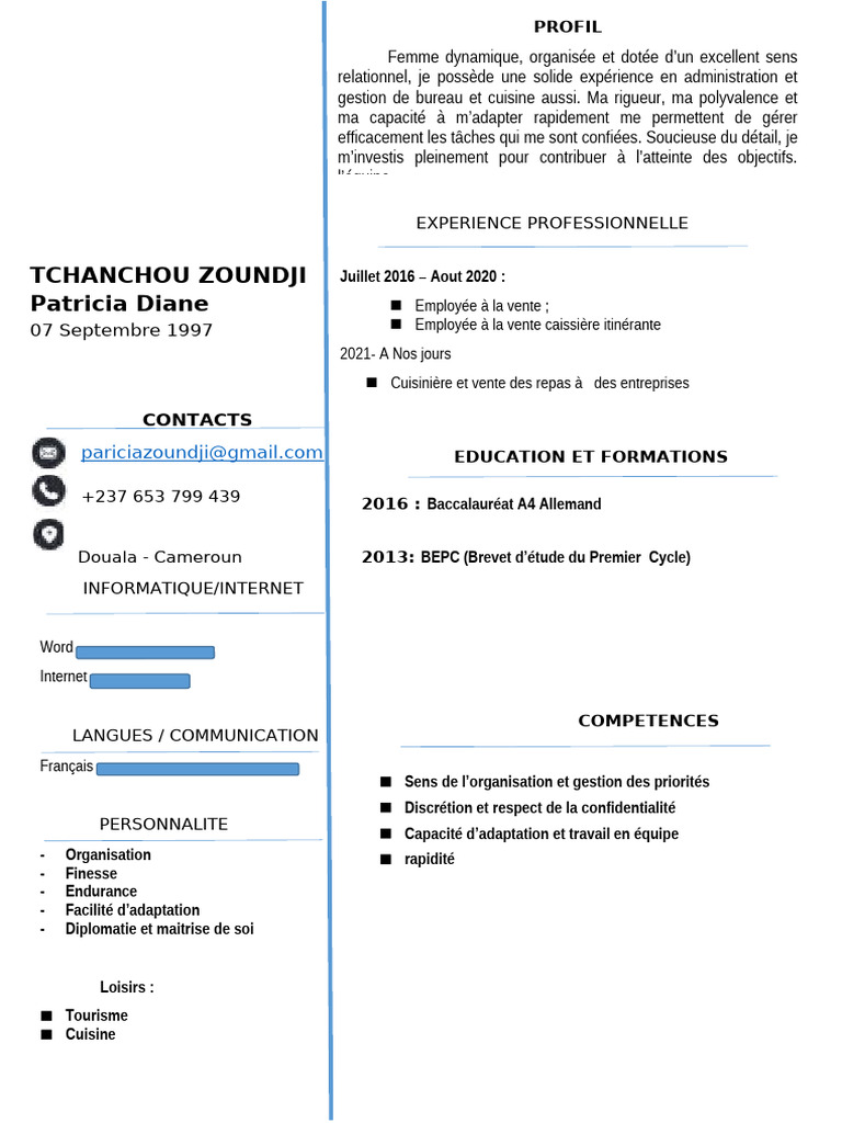 CV de Patricia Diane Tchanchou Zoundji | PDF
