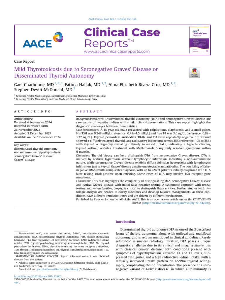 Mild Thyrotoxicosis Due To Seronegative Graves' Disease or Disseminated ...