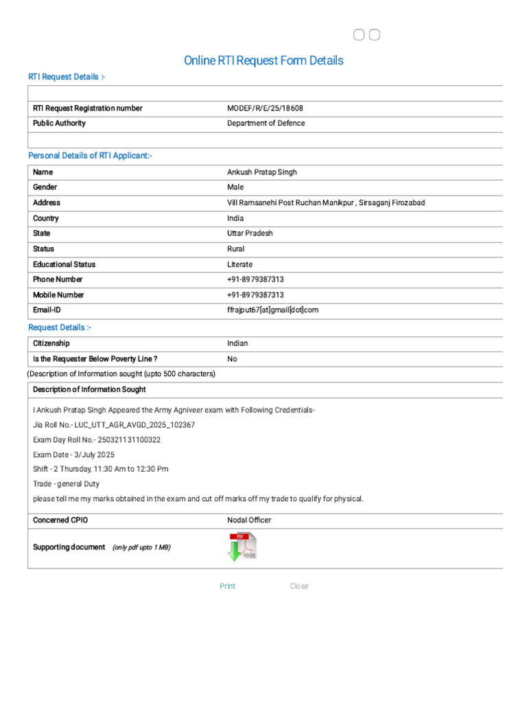 RTI Online - Request - Appeal Form Details | PDF