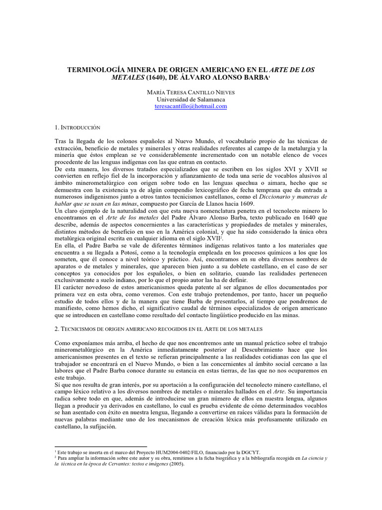 Terminologa Minera de Origen Americano en El Arte de Los Metales 1640 de Lvaro Alonso Barta 0 ...