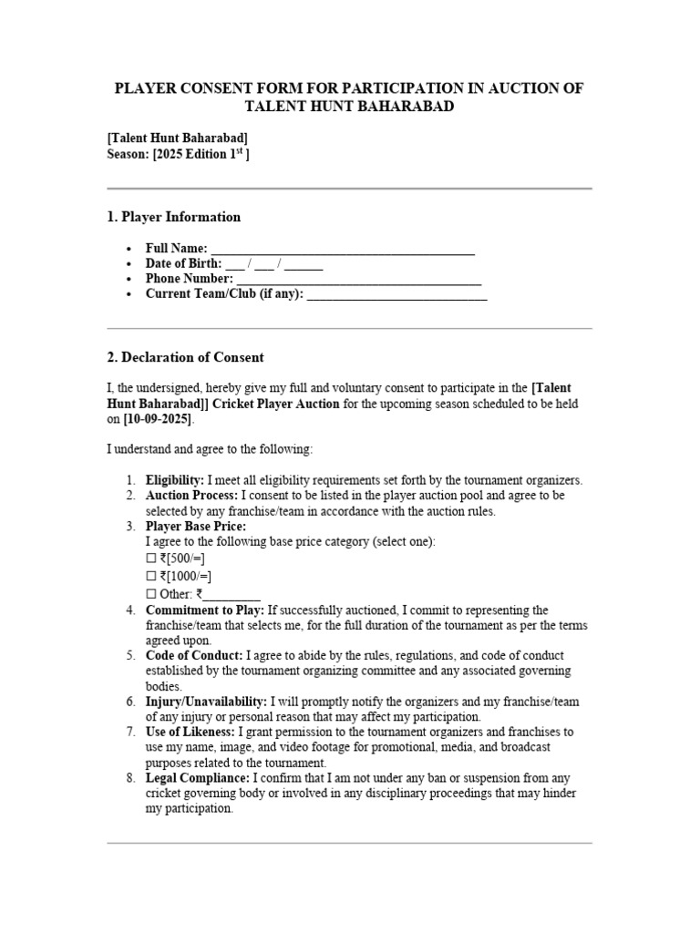 Player Consent Form for Talent Hunt 2025 | PDF | Consent | Chess Theory