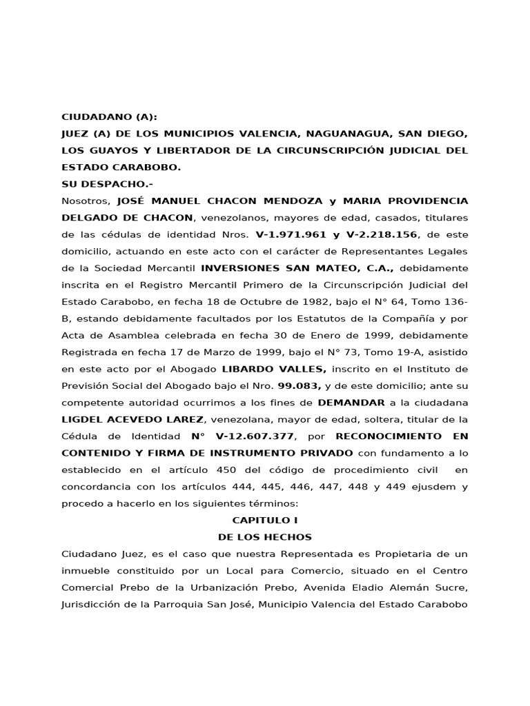 Demanda Local Prebo Reconocimiento en Contenido y Firma de Instrumento ...