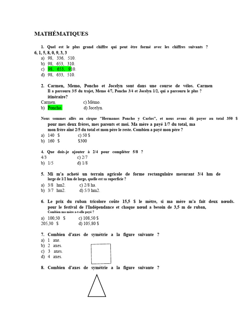 Questions de mathématiques variées | PDF