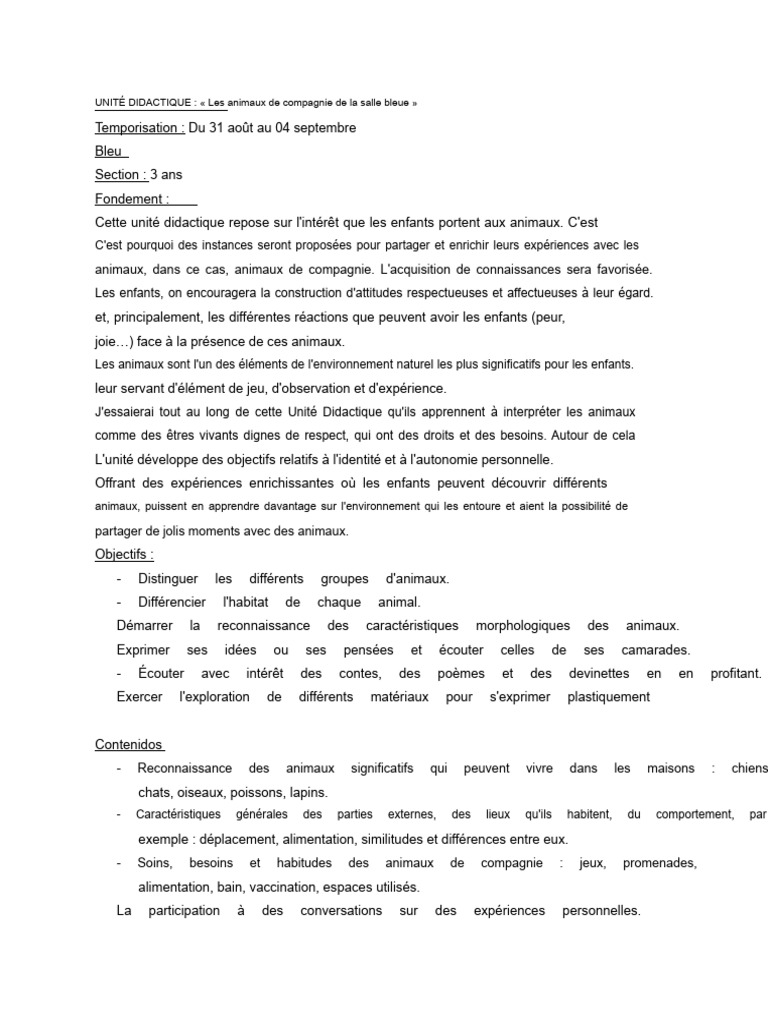 Unité Didactique : Animaux de Compagnie | PDF