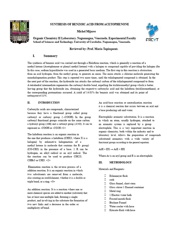Synthesis of Benzoic Acid From Acetophenone | PDF | Chemical Reactions ...