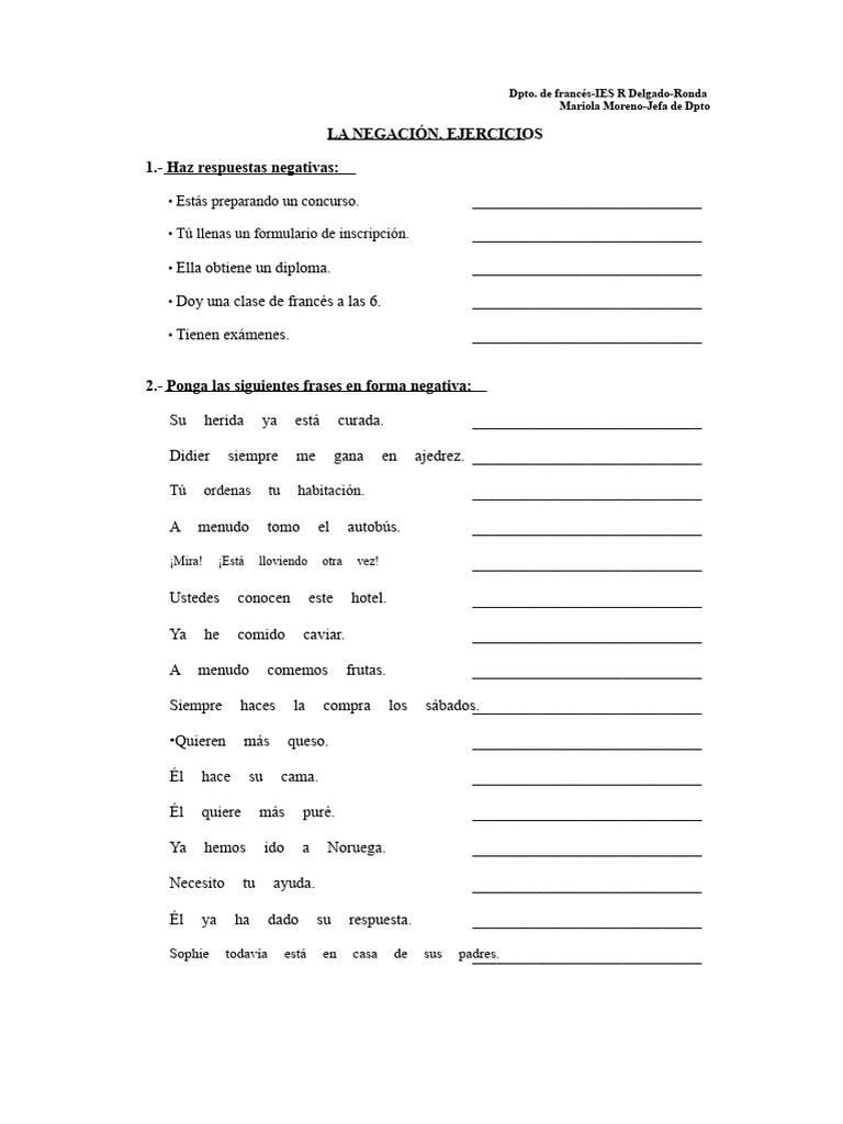 Ejercicios de Negación en Francés | PDF