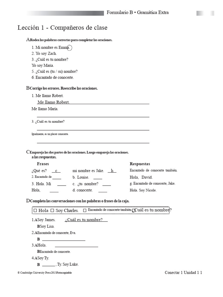 Gramática Extra - Unidad 1 - Conectar 1 - Forma B | PDF