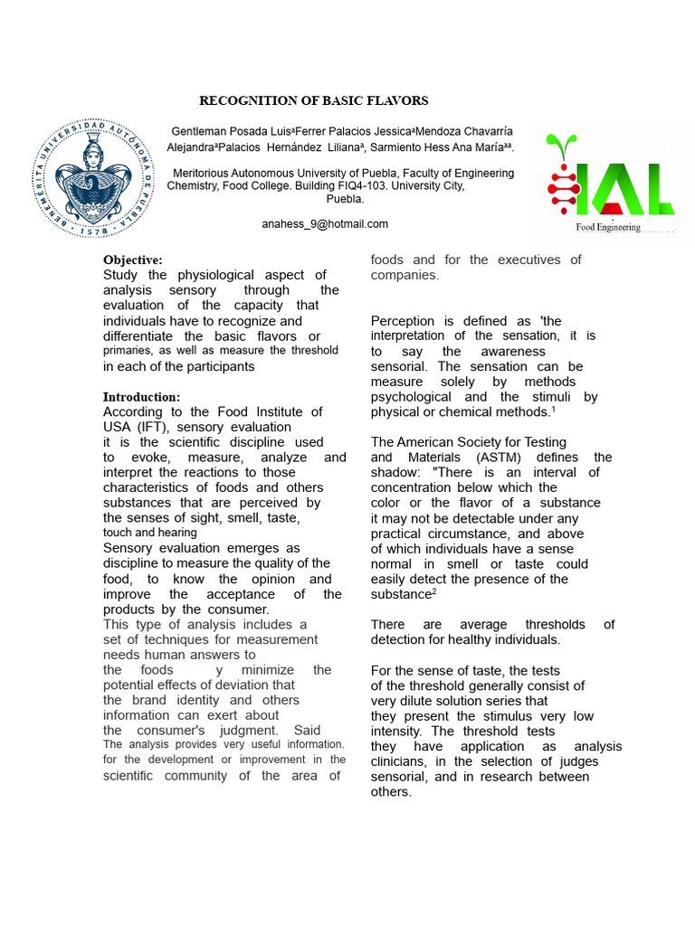 Practice 1 Recognition of Basic Tastes - Thresholds | PDF | Taste | Senses